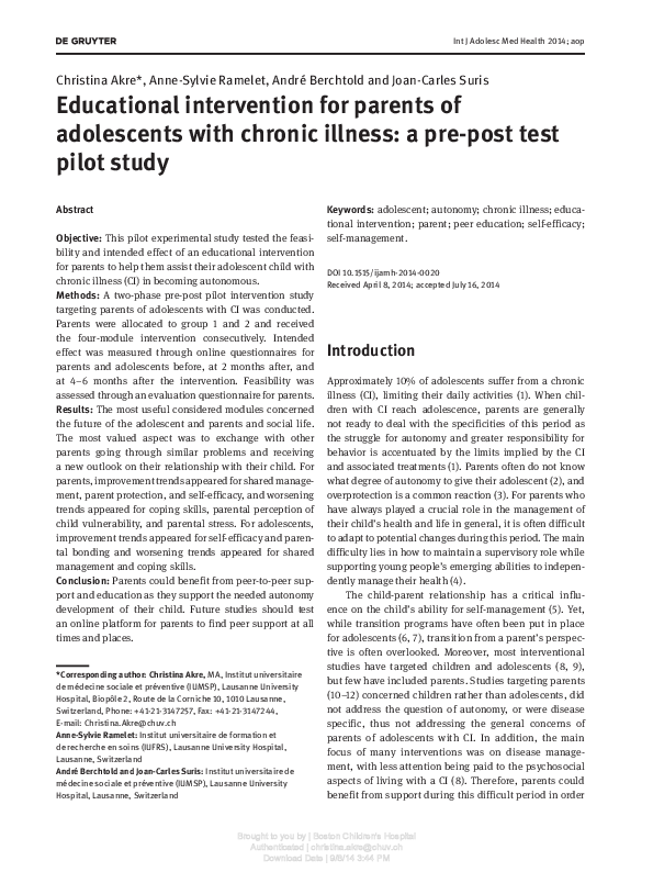(PDF) Educational intervention for parents of adolescents with chronic ...