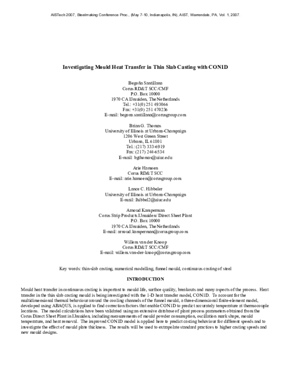 (PDF) Investigating Mould Heat Transfer in Thin Slab Casting with CON1D