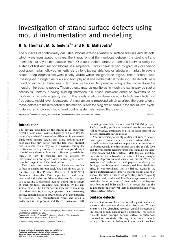 (PDF) Investigation of strand surface defects using mould ...