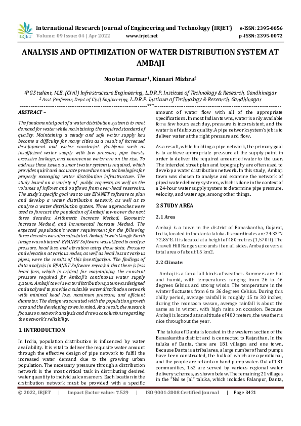 (PDF) ANALYSIS AND OPTIMIZATION OF WATER DISTRIBUTION SYSTEM AT AMBAJI