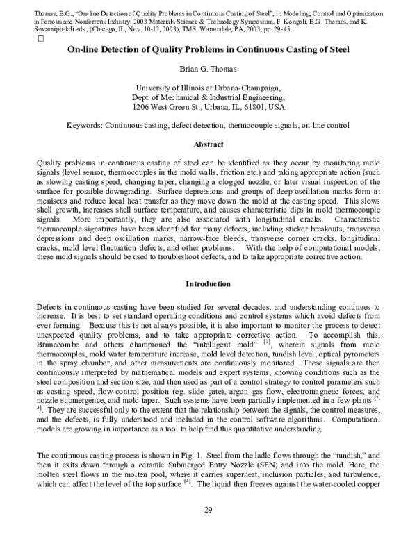 (PDF) On-line Detection of Quality Problems in Continuous Casting of Steel
