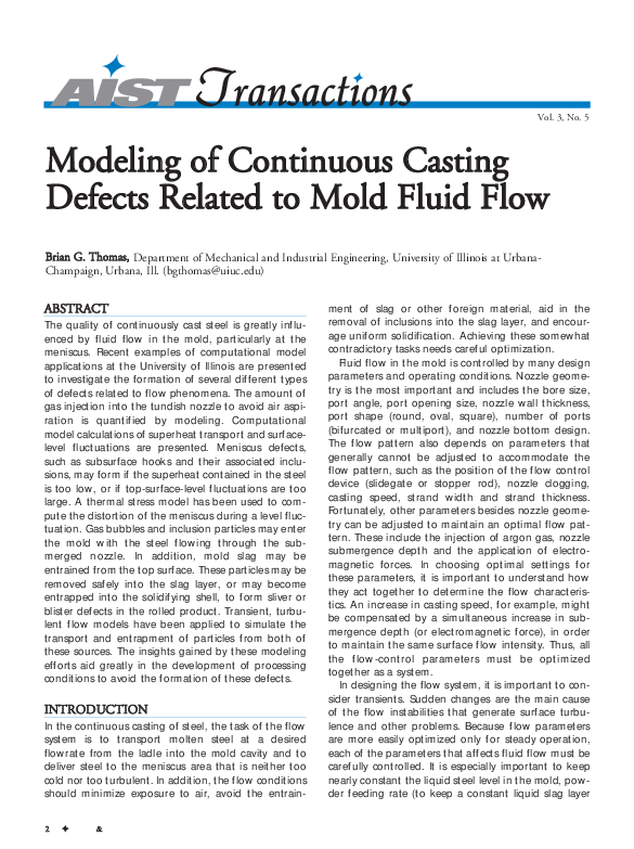 (PDF) Modeling of continuous casting defects related to mold fluid flow (PDF) Modeling of continuous casting defects related to mold fluid flow