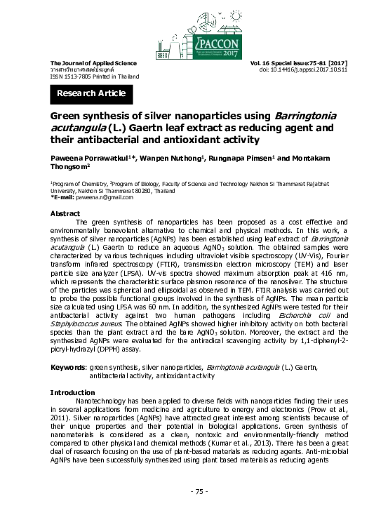 (PDF) Green synthesis of silver nanoparticles using Barringtonia acutangula (L.) Gaertn leaf ...