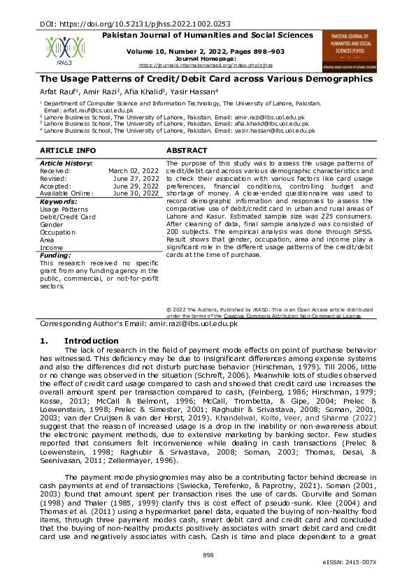 (PDF) The Usage Patterns of Credit/Debit Card across Various Demographics