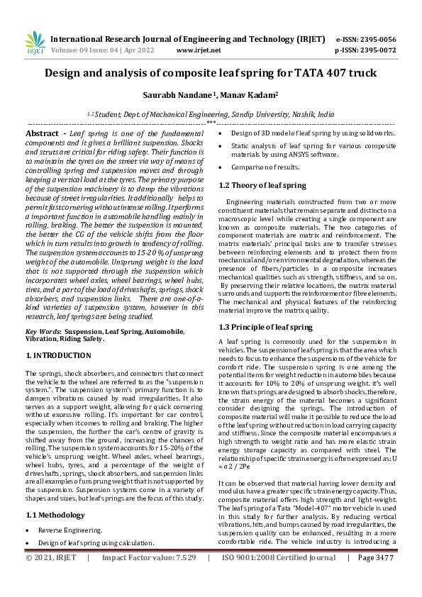(PDF) Design and analysis of composite leaf spring for TATA 407 truck
