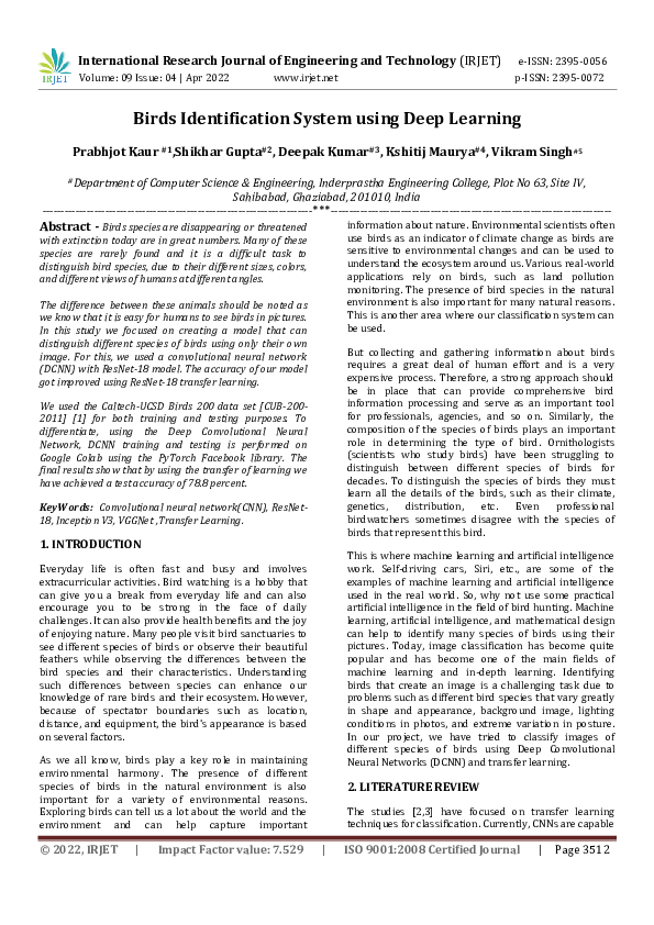 Pdf Birds Identification System Using Deep Learning