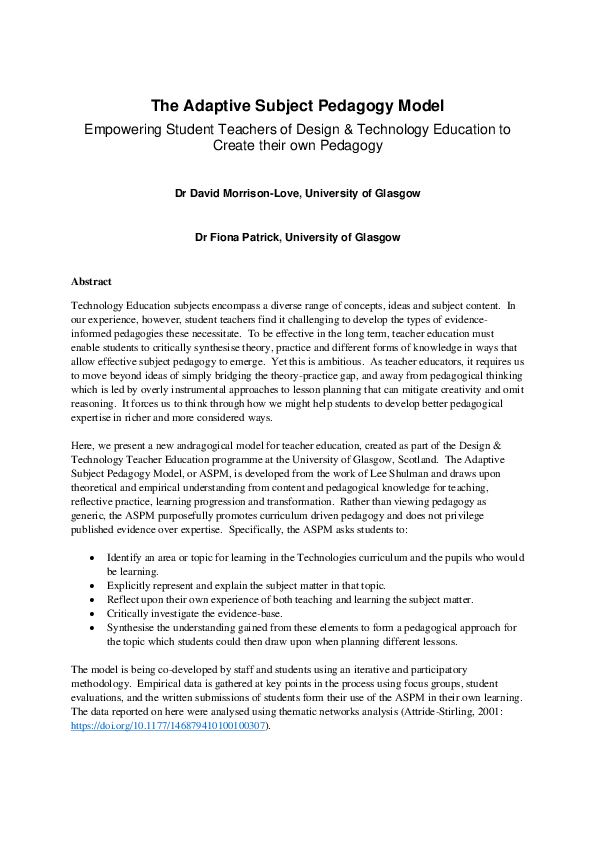 (PDF) The Adaptive Subject Pedagogy Model: Empowering Student Teachers ...