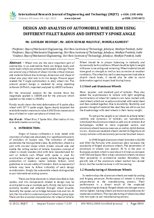 Pdf Design And Analysis Of Automobile Wheel Rim Using Different Fillet Radius And Diffenet Y