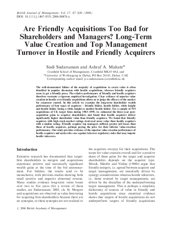 (PDF) Are Friendly Acquisitions Too Bad for Shareholders and Managers ...