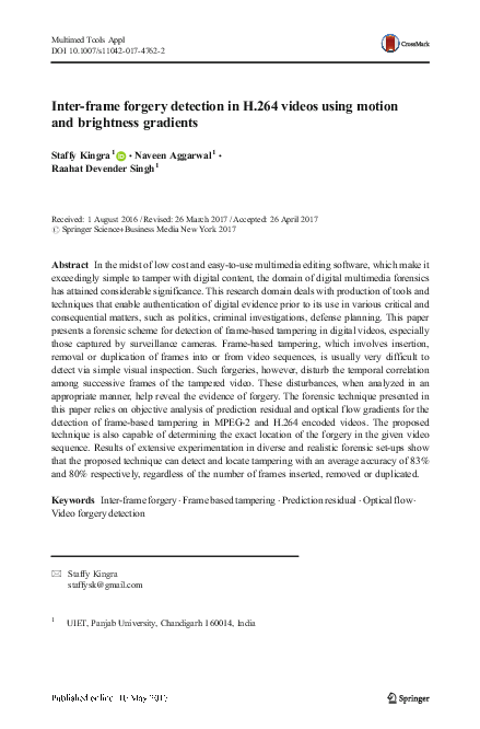 (PDF) Inter-frame forgery detection in H.264 videos using motion and brightness gradients