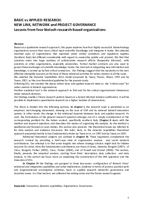 (PDF) Basic vs applied research: new link, network, and project governance. Lessons from four ...