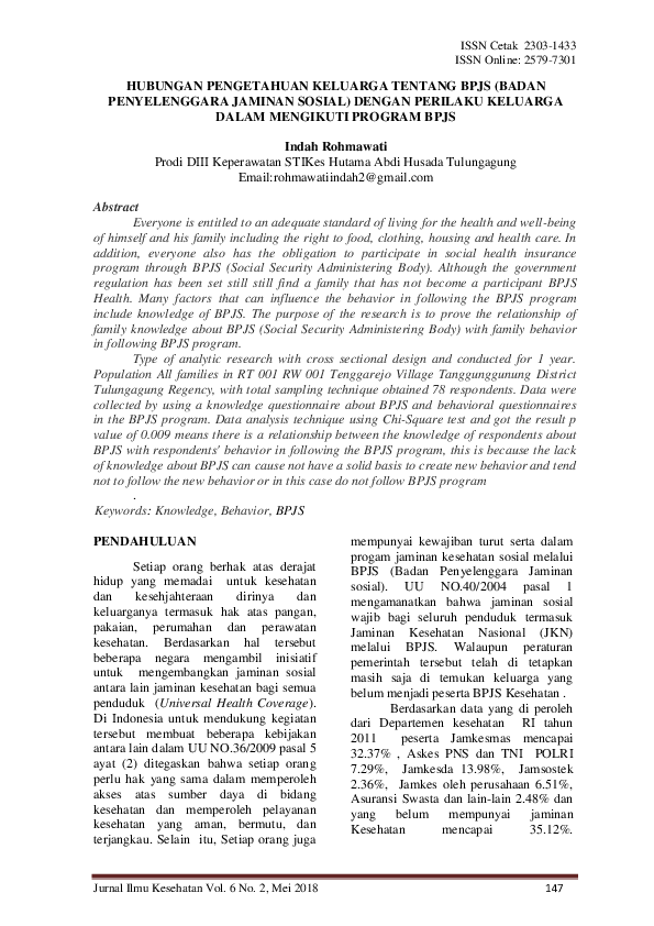 (PDF) Hubungan Pengetahuan Keluarga Tentang BPJS (Badan Penyelenggara Jaminan Sosial) Dengan ...
