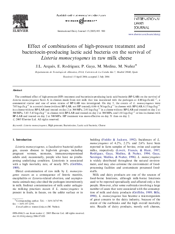 Pdf Effect Of Combinations Of High Pressure Treatment And Bacteriocin Producing Lactic Acid