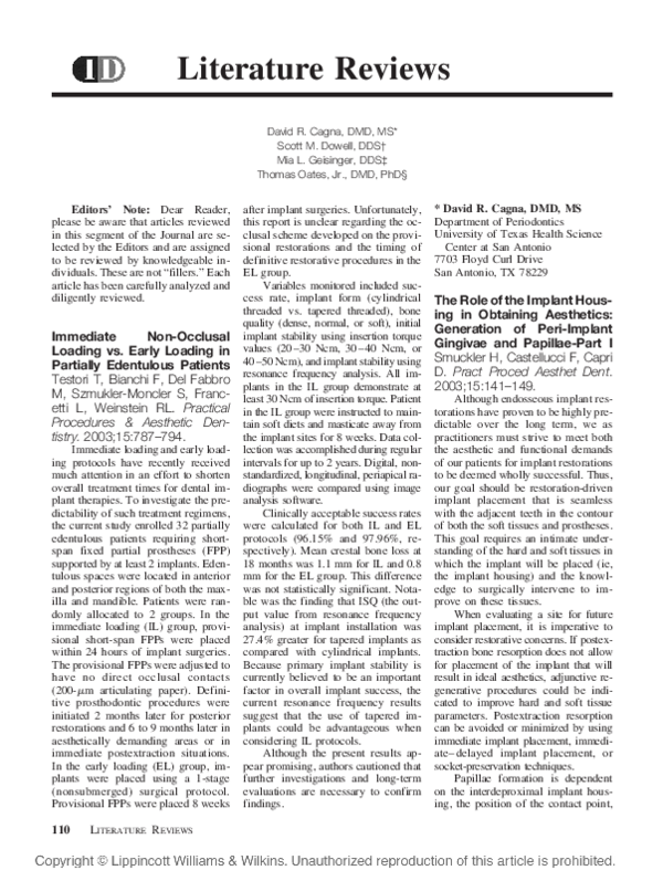 (PDF) Immediate Non-Occlusal Loading vs. Early Loading in Partially ...