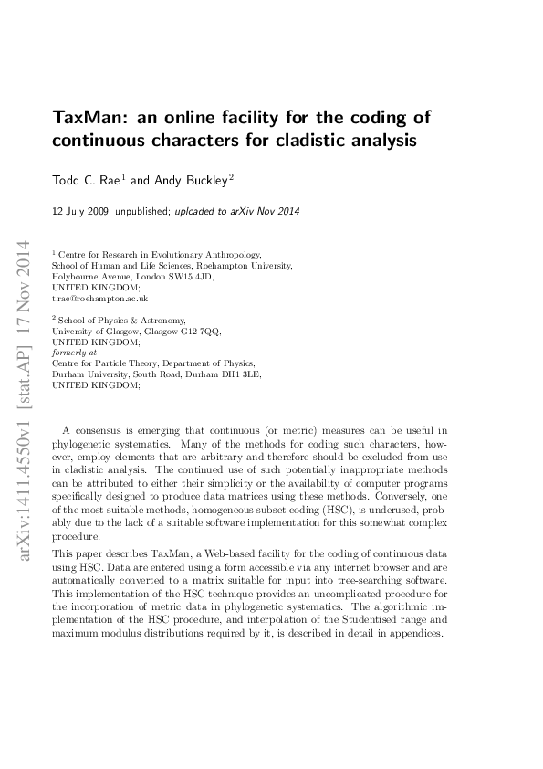 (PDF) TaxMan: an online facility for the coding of continuous characters for cladistic analysis