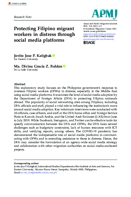 (PDF) Protecting Filipino migrant workers in distress through social media platforms