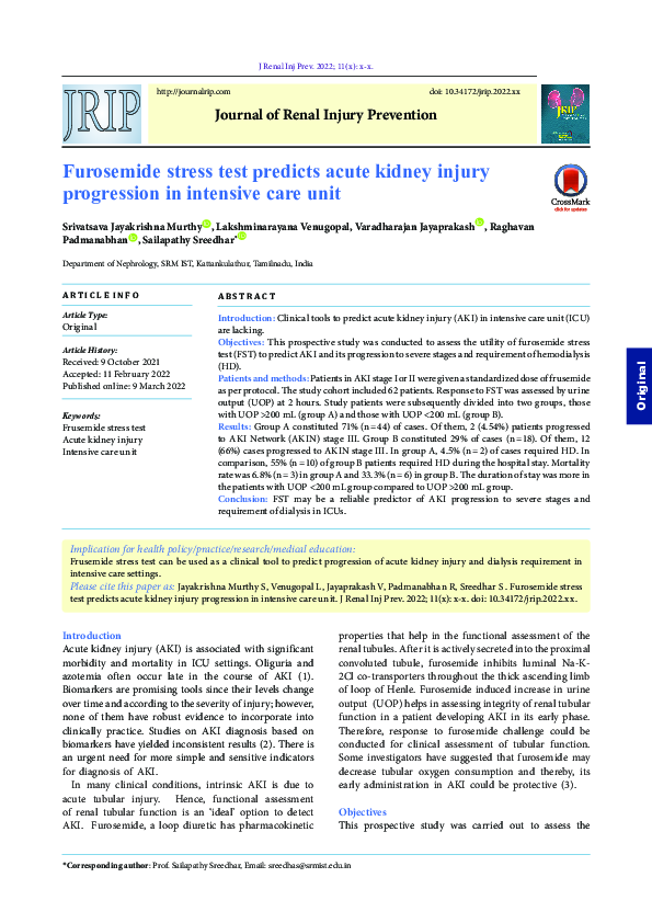 (PDF) Furosemide stress test predicts acute kidney injury progression ...