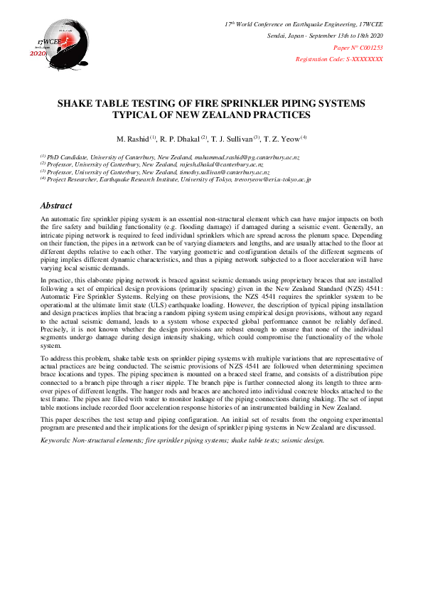 (PDF) Shake table testing of fire sprinkler piping systems typical of ...