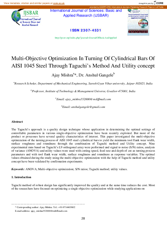 Pdf Multi Objective Optimization In Turning Of Cylindrical Bars Of Aisi 1045 Steel Through