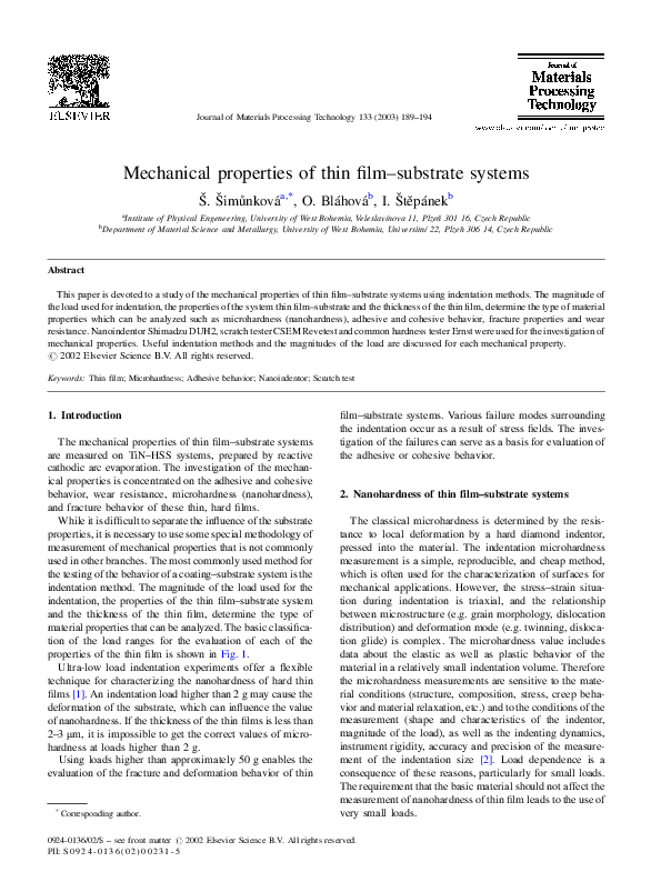 (PDF) Mechanical properties of thin film–substrate systems