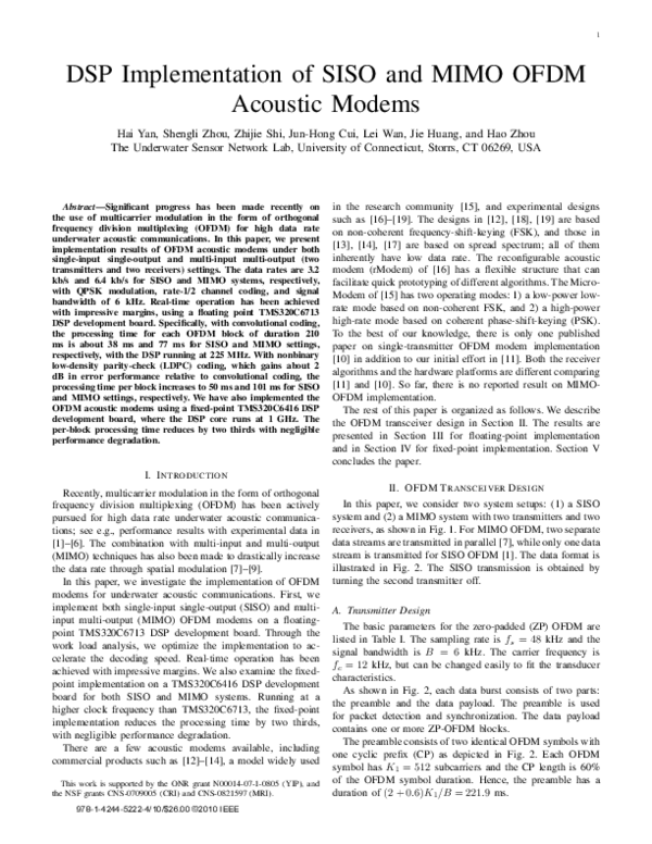 Pdf Dsp Implementation Of Siso And Mimo Ofdm Acoustic Modems