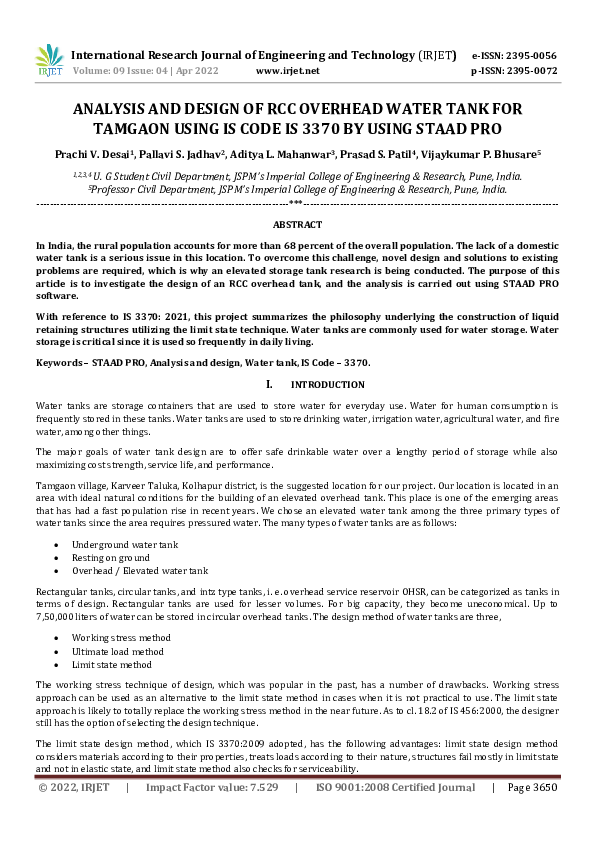 (PDF) ANALYSIS AND DESIGN OF RCC OVERHEAD WATER TANK FOR TAMGAON USING ...