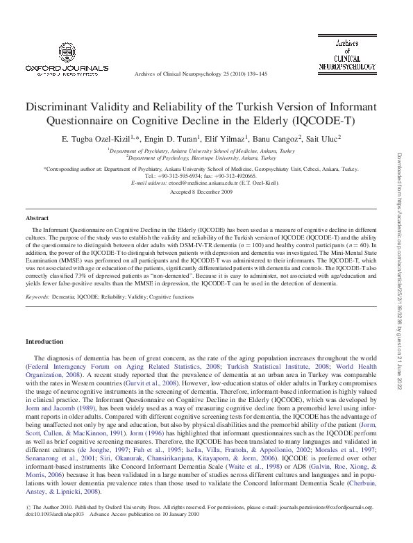 Pdf Discriminant Validity And Reliability Of The Turkish Version Of Informant Questionnaire On