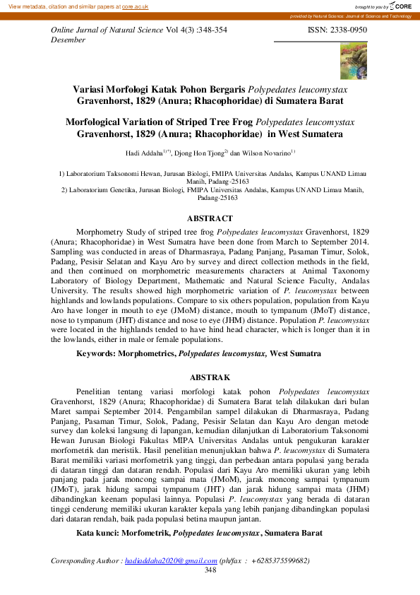 (PDF) Variasi Morfologi Katak Pohon Bergaris Polypedates leucomystax ...