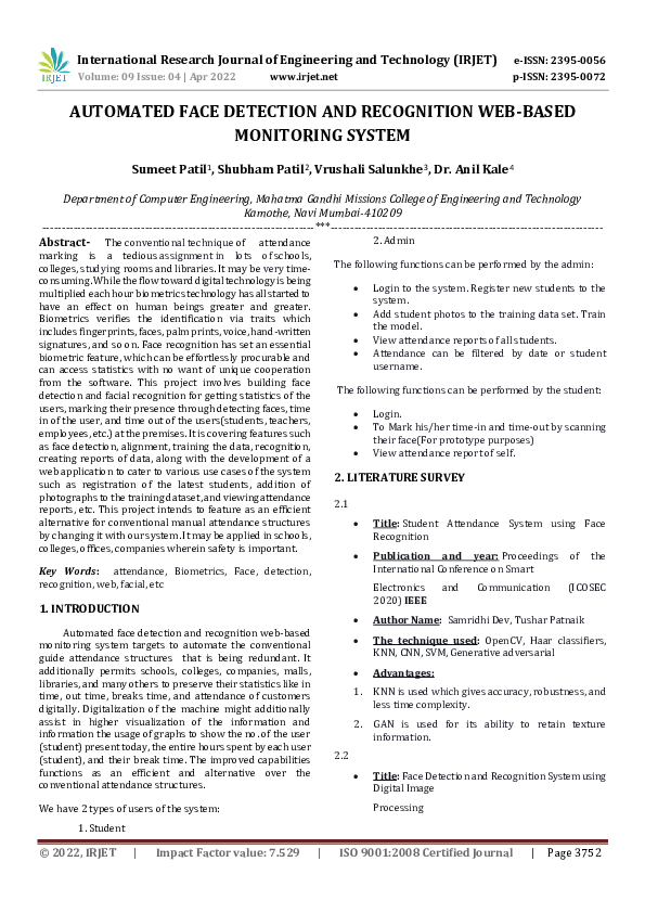 Pdf Automated Face Detection And Recognition Web Based Monitoring System