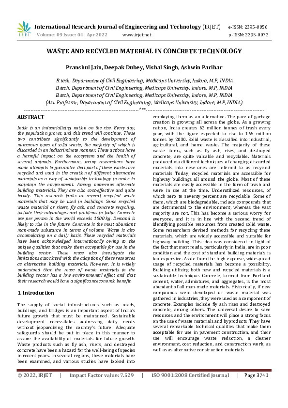 (PDF) WASTE AND RECYCLED MATERIAL IN CONCRETE TECHNOLOGY