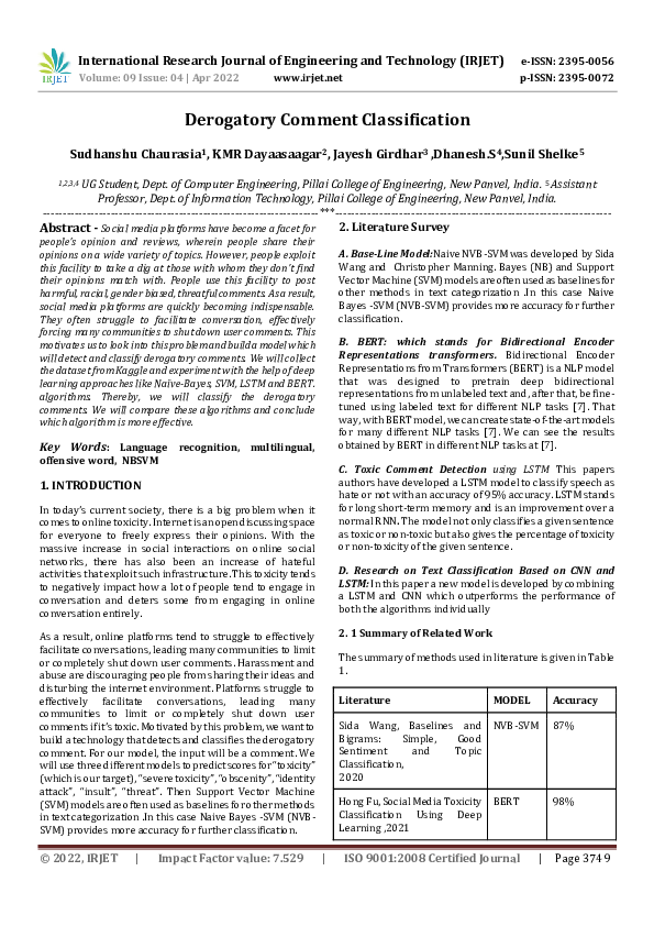 (PDF) Derogatory Comment Classification
