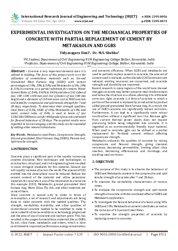 (PDF) EXPERIMENTAL INVESTIGATION ON THE MECHANICAL PROPERTIES OF CONCRETE WITH PARTIAL ...