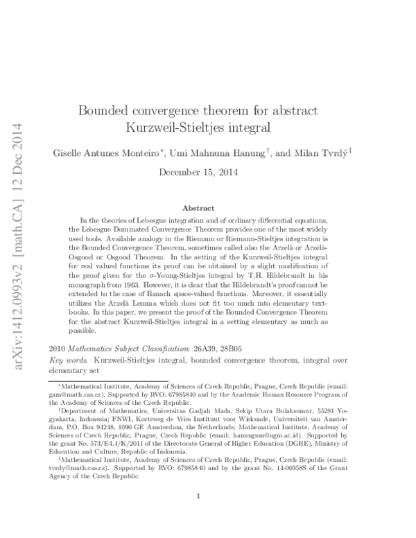 (PDF) Bounded convergence theorem for abstract Kurzweil–Stieltjes integral