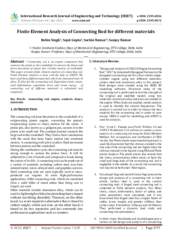 Pdf Finite Element Analysis Of Connecting Rod For Different Materials
