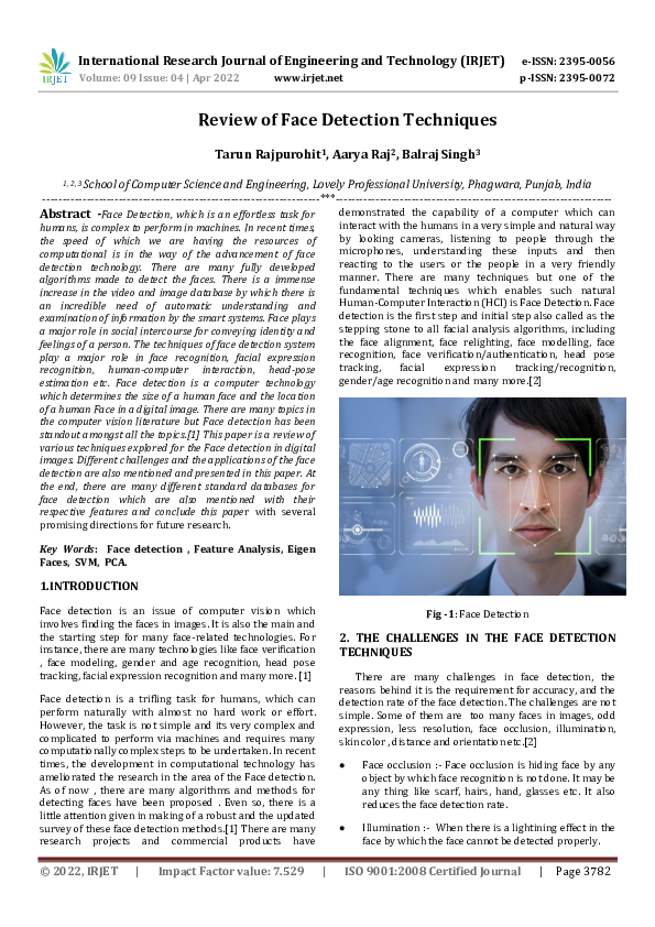 Pdf Review Of Face Detection Techniques