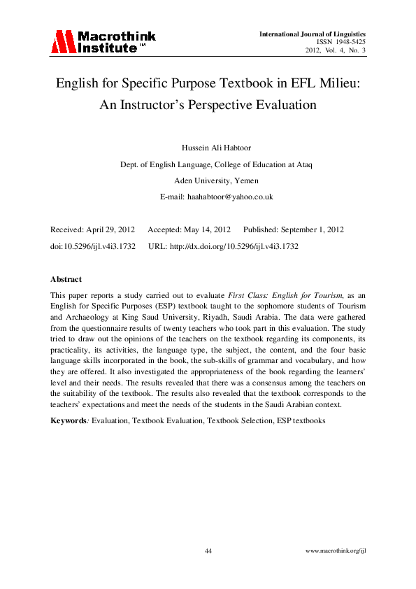 (PDF) English for Specific Purpose Textbook in EFL Milieu: An ...