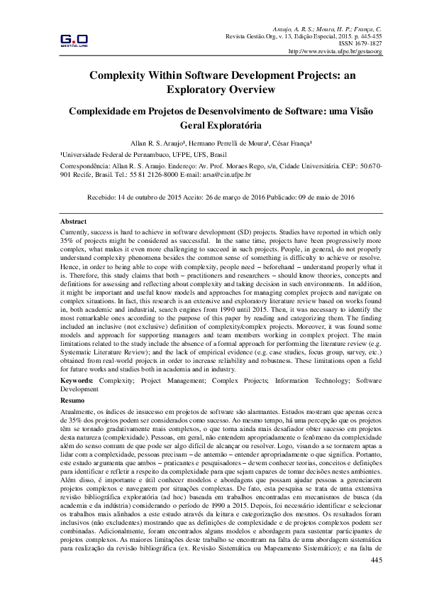 (PDF) COMPLEXITY WITHIN SOFTWARE DEVELOPMENT PROJECTS: AN EXPLORATORY OVERVIEW - Complexidade em ...