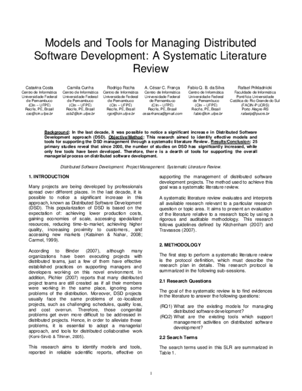 (PDF) Models and Tools for Managing Distributed Software Development: A Systematic Literature Review