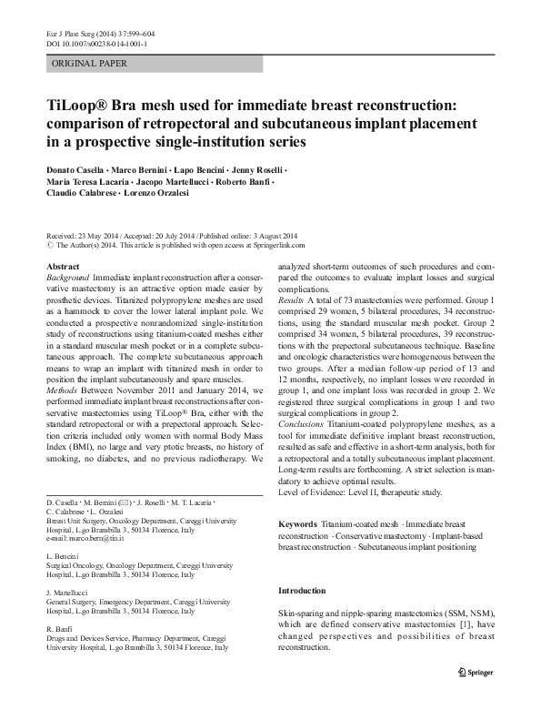 (PDF) TiLoop® Bra mesh used for immediate breast reconstruction: comparison of retropectoral and ...