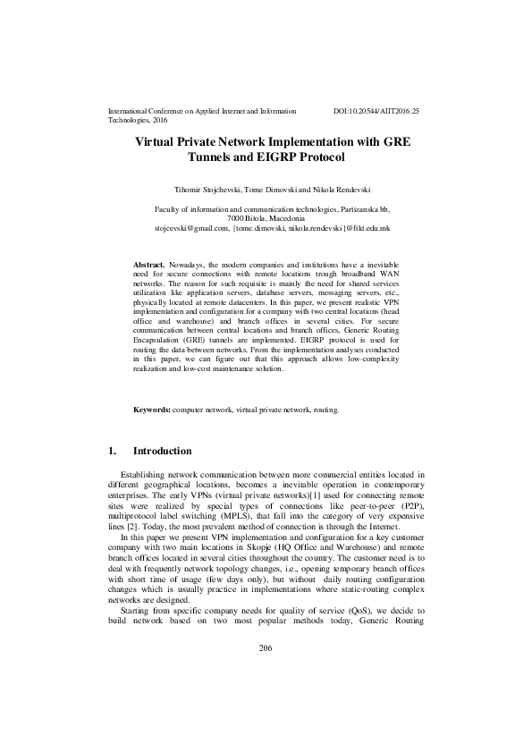 Pdf Virtual Private Network Implementation With Gre Tunnels And Eigrp Protocol