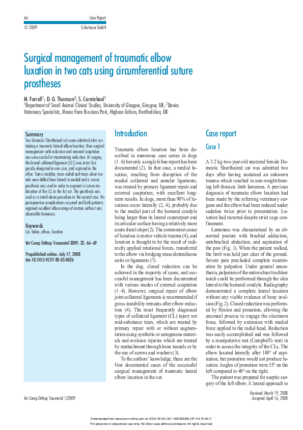 (PDF) Surgical management of traumatic elbow luxation in two cats using ...