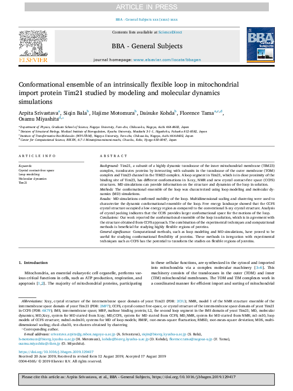 (PDF) Conformational ensemble of an intrinsically flexible loop in mitochondrial import protein ...