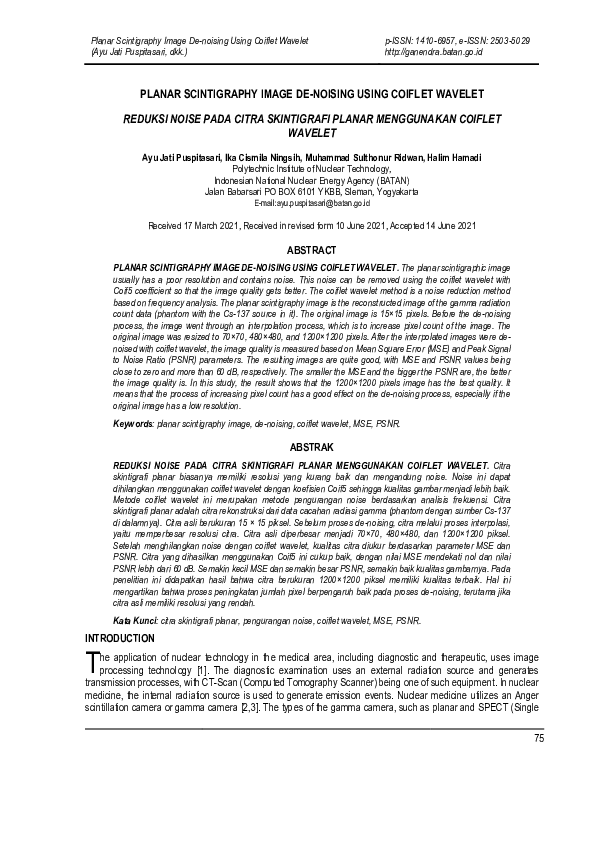 (PDF) Planar Scintigraphy Image De-Noising Using Coiflet Wavelet | Ayu ...