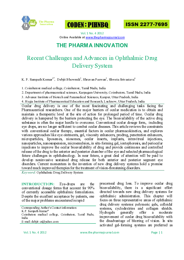 (PDF) Recent Challenges and Advances in Ophthalmic Drug Delivery System