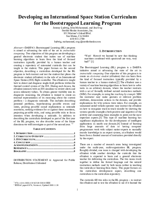 (PDF) Developing an International Space Station curriculum for the Bootstrapped Learning program