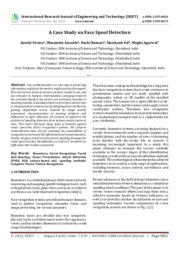 Pdf Texture Analysis For Face Spoof Detection