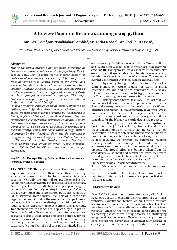 (PDF) A Review Paper on Resume scanning using python
