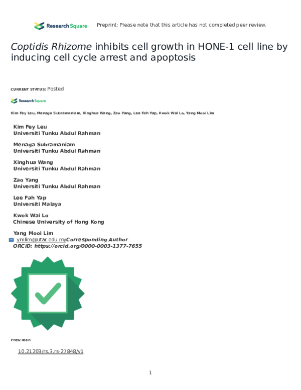 (PDF) Coptidis Rhizome inhibits cell growth in HONE-1 cell line by ...