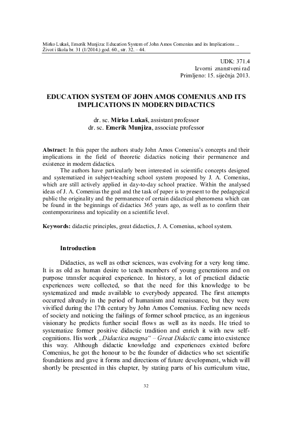 (PDF) Education System of John Amos Comenius and Its Implications in Modern Didactics