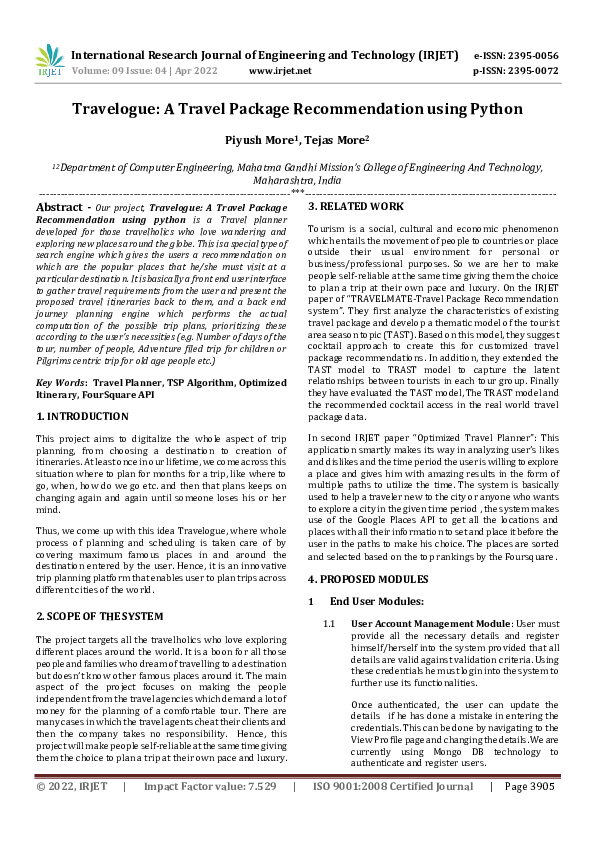 (PDF) Travelogue: A Travel Package Recommendation using Python